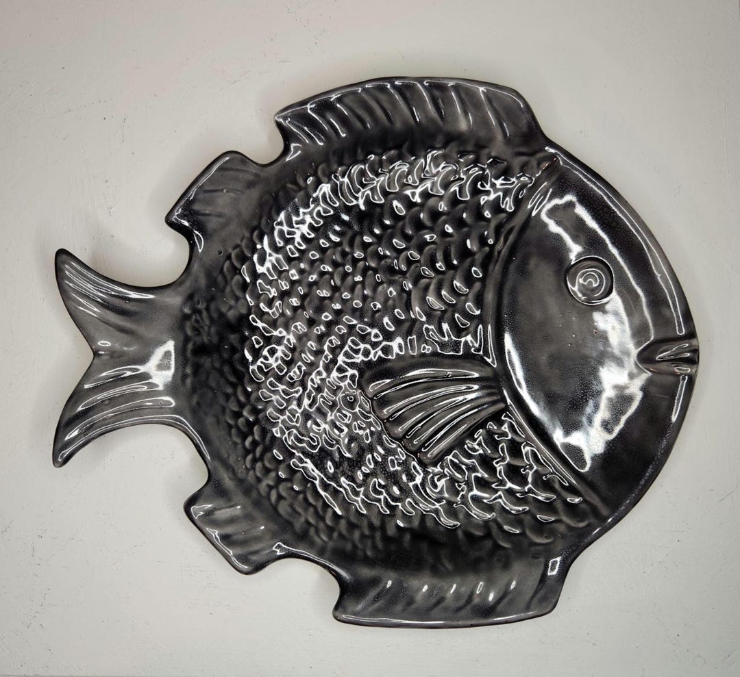 Handmade Ceramic Fish Shape Platter Plate Gray Round Coastal Decor ...