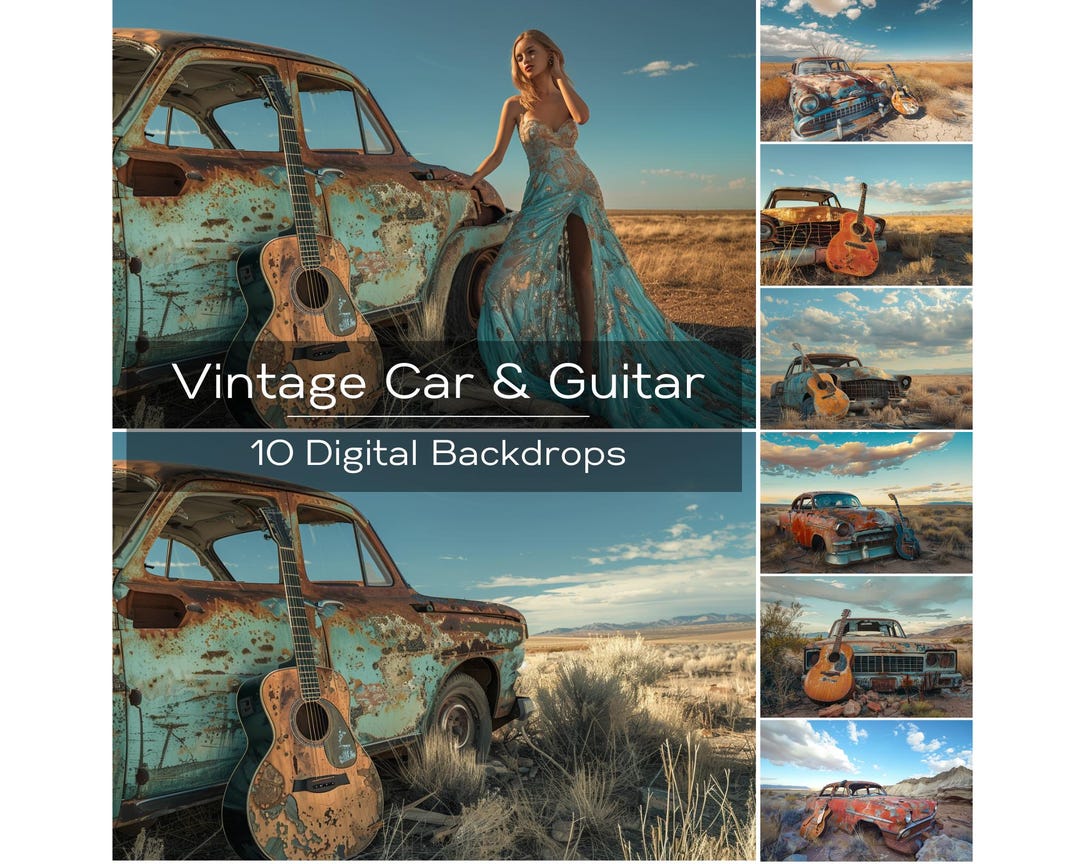 Vintage Car and Guitar Digital Backdrop. Desert Sky Photo Background ...