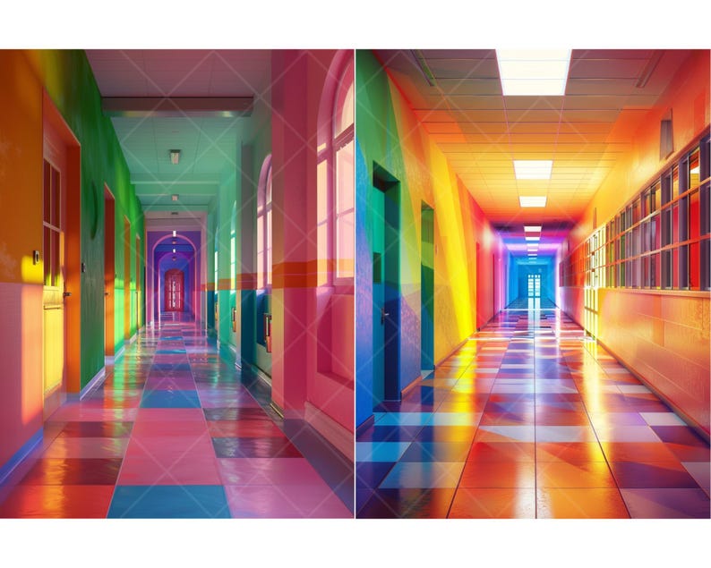 Back to School Elementary School Hallway Digital Backdrop. Colorful ...
