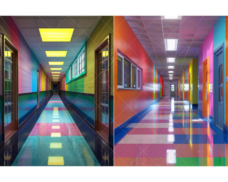 Back to School Elementary School Hallway Digital Backdrop. Colorful ...