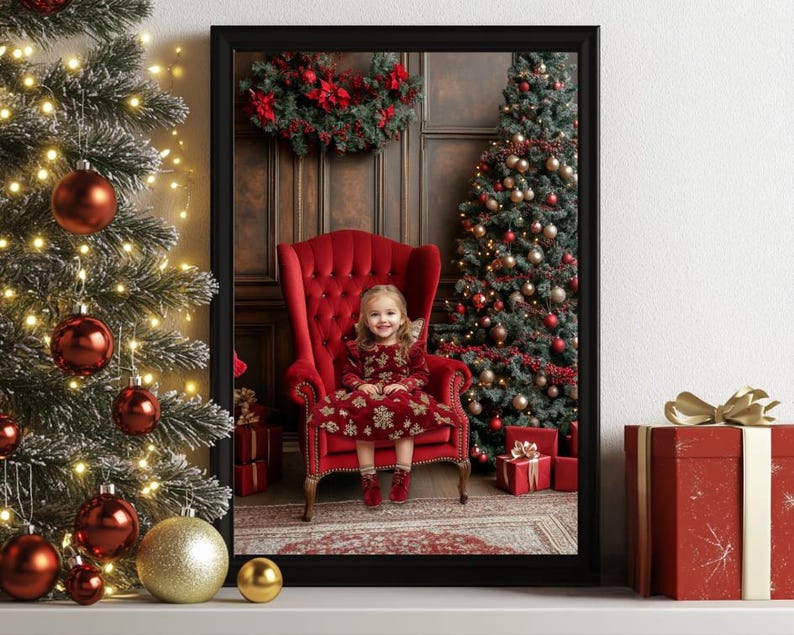 Big Red Christmas Chair Digital Backdrop. Photo Background of Santa ...