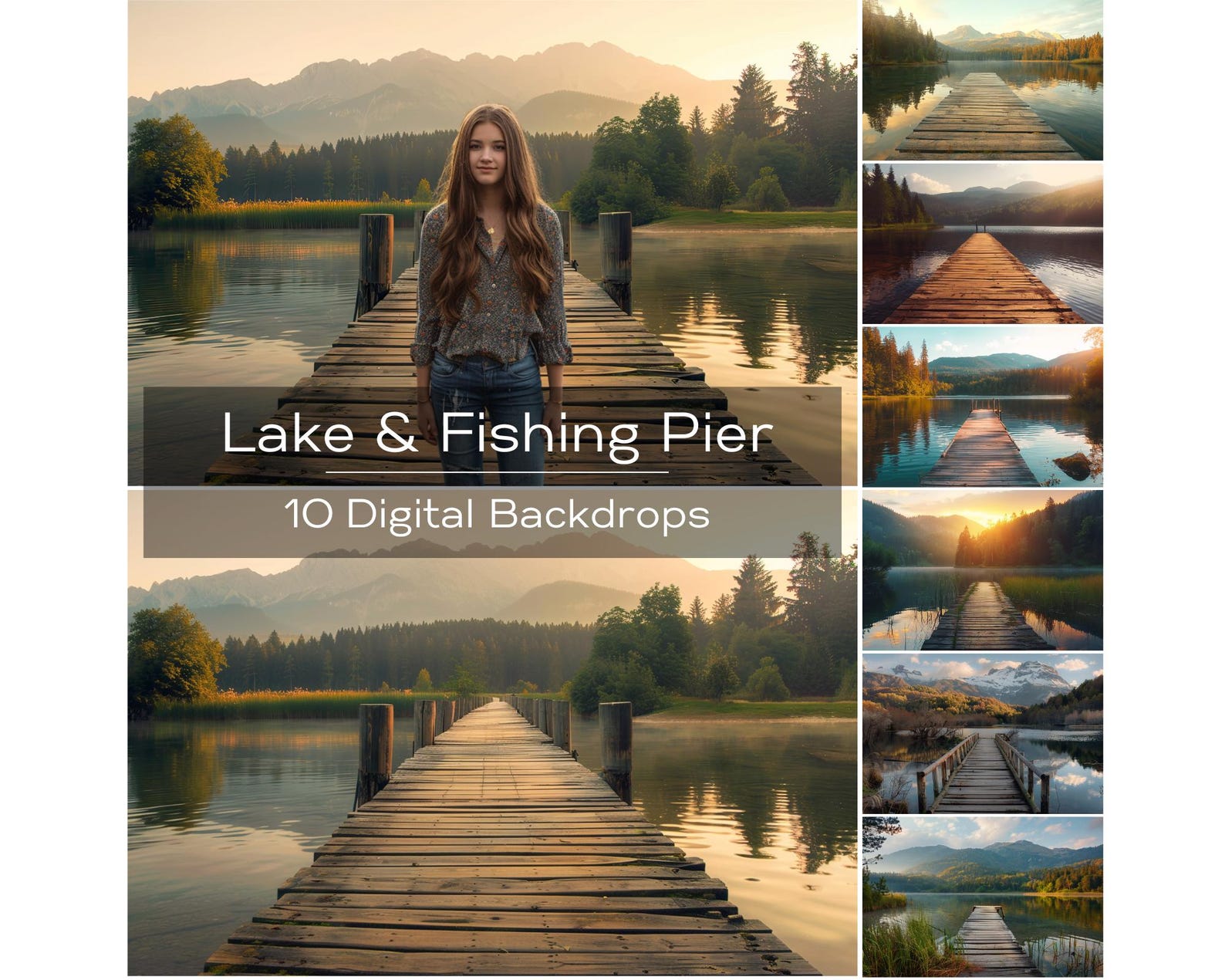 Fishing Pier and Lake Digital Backdrop. Summer Sunset, Forest ...
