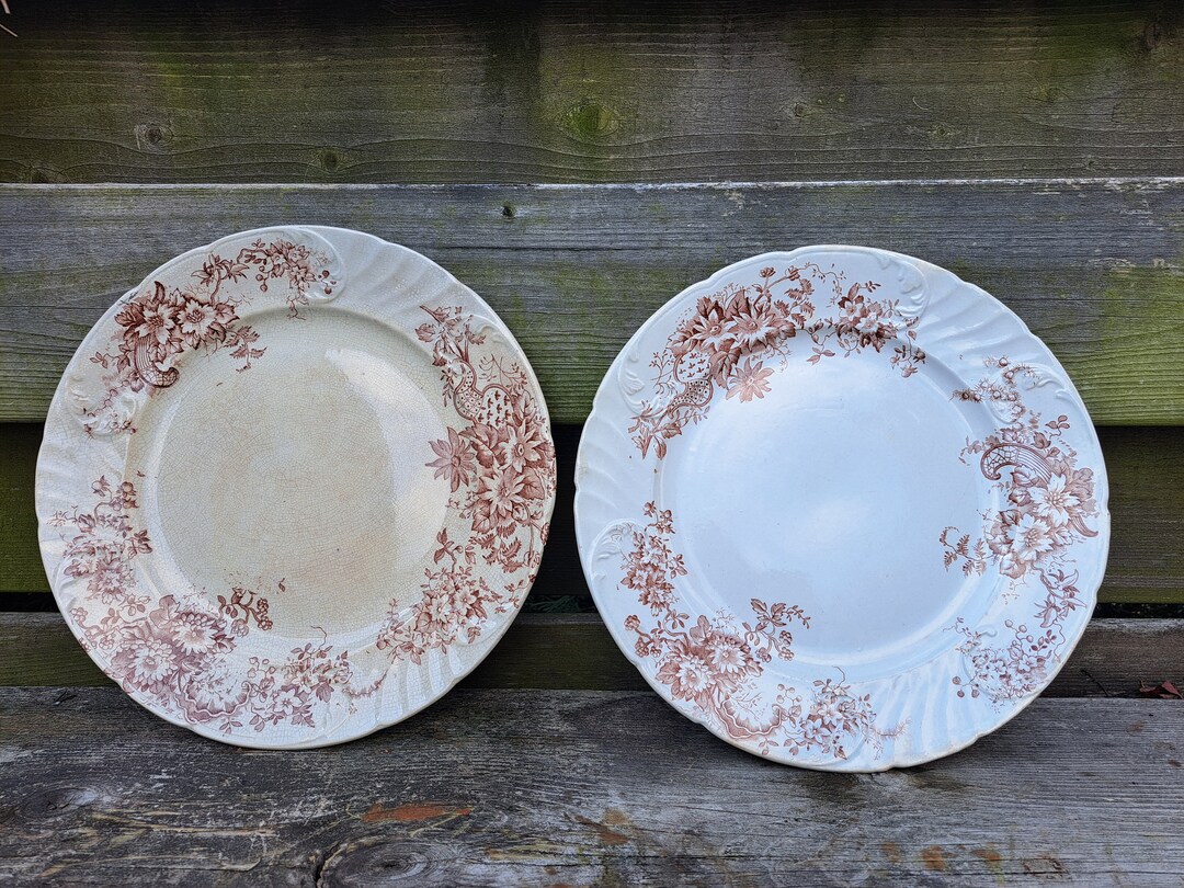 Brown Floral Transferware Dinner Plates Pair Chipped -1 Marked - Etsy