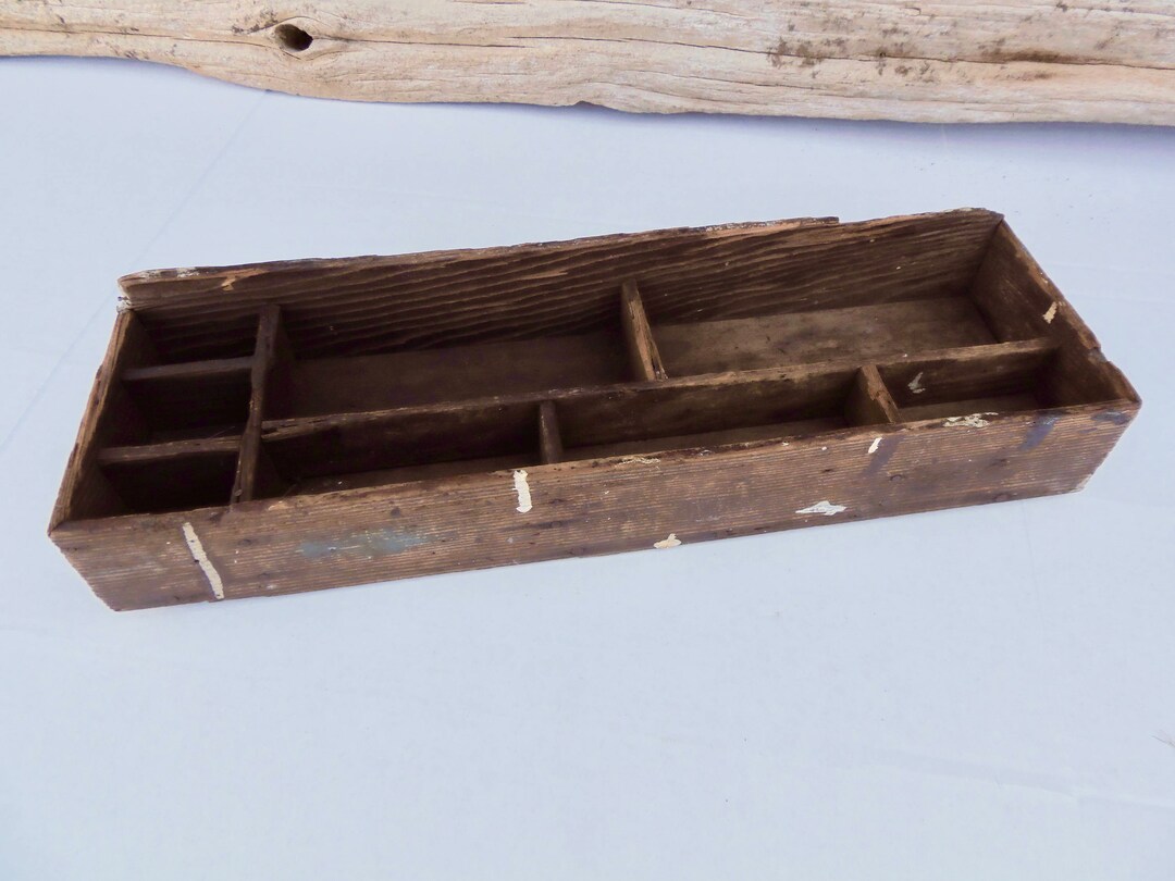 Vintage Rustic Wood Tray, Divided Tool Organizer Box. Miniature Display ...