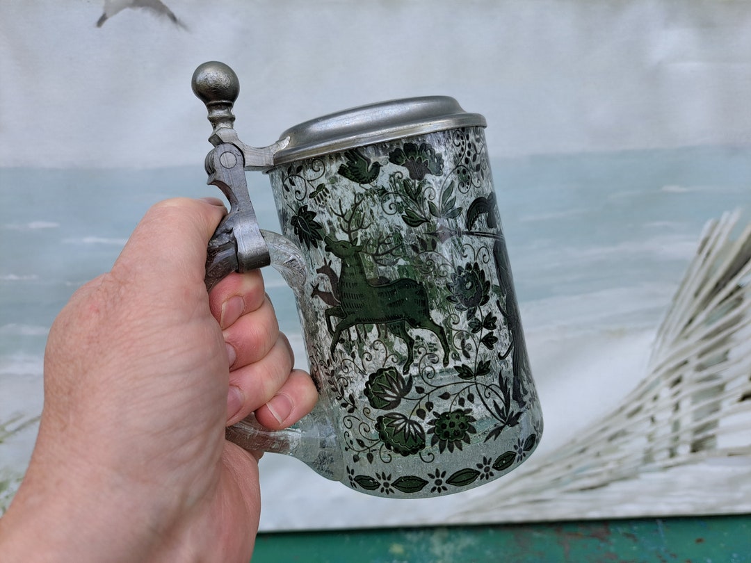 Green Hunting German Glass Stein With Pewter Lid - Etsy