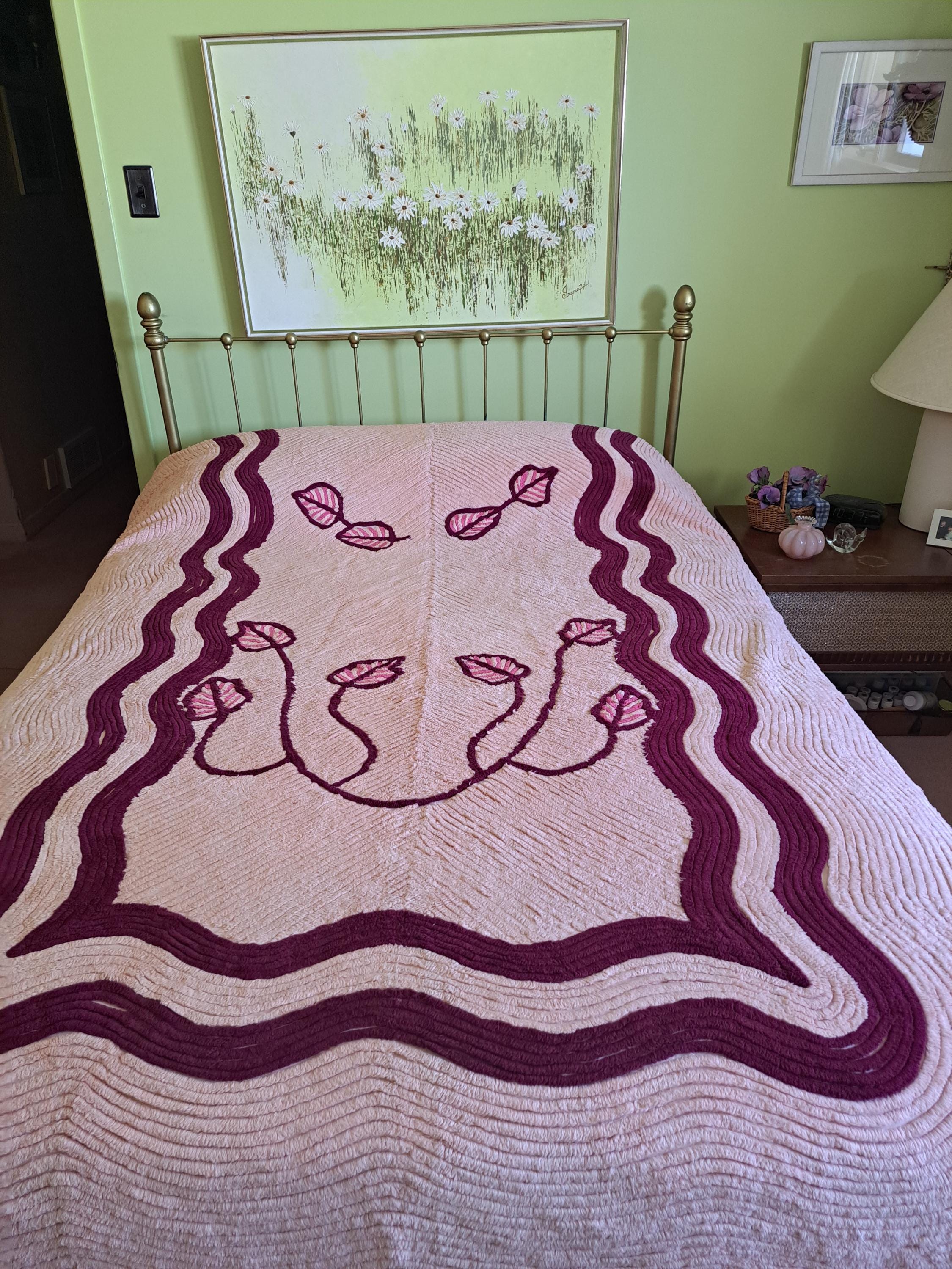 Vintage Pink Chenille Bedspread Deco Curvy Leaves - Etsy