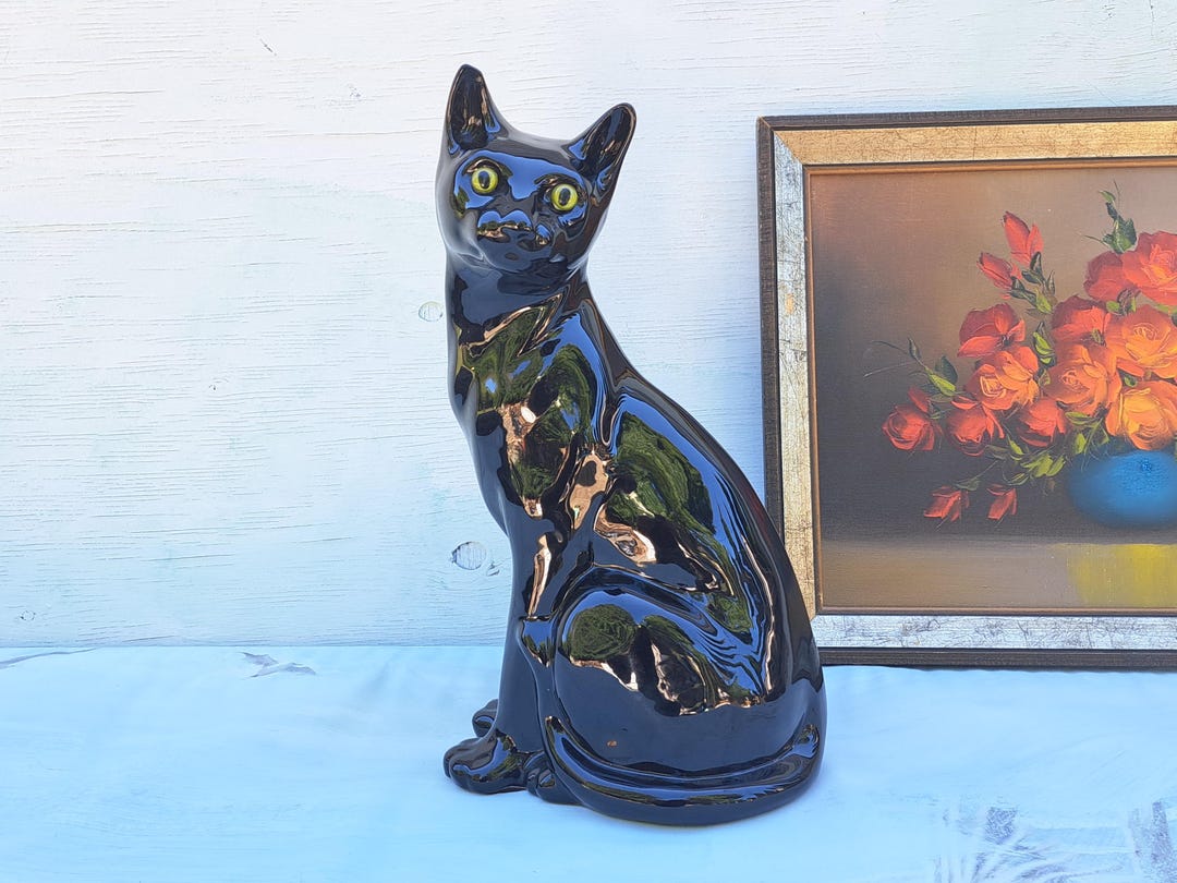 Vintage Ceramic Black Cat Statue With Green Eyes 16 Inch Tall Damaged ...