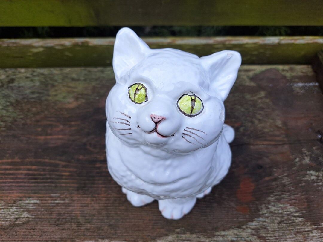 White Cat Ceramic Green Eyes Chippy and Aged - Etsy