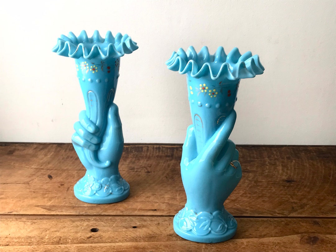 Pair Victorian Hand Vases Blue Milk Glass Regency Core DAMAGED - Etsy