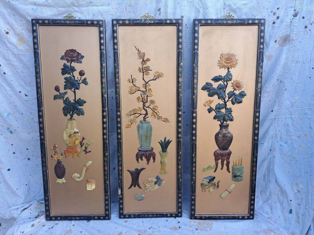 Vintage Asian Carved Soapstone 3D Wall Art Floral Panel - Etsy