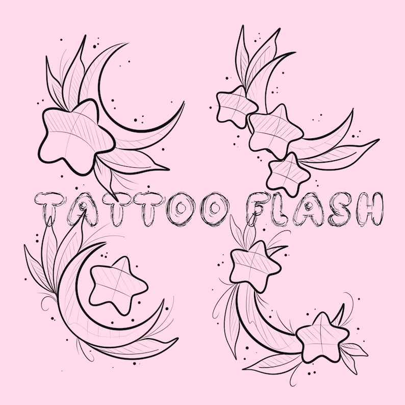 Moon & Stars Tattoo Flash: Fine Line Art (digital Download) - Etsy