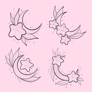 Moon & Stars Tattoo Flash: Fine Line Art (digital Download) - Etsy