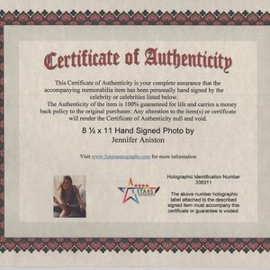 JENNIFER ANISTON AUTOGRAPH Hand Signed 8 1/2 X 11 Color Photo With Coa ...