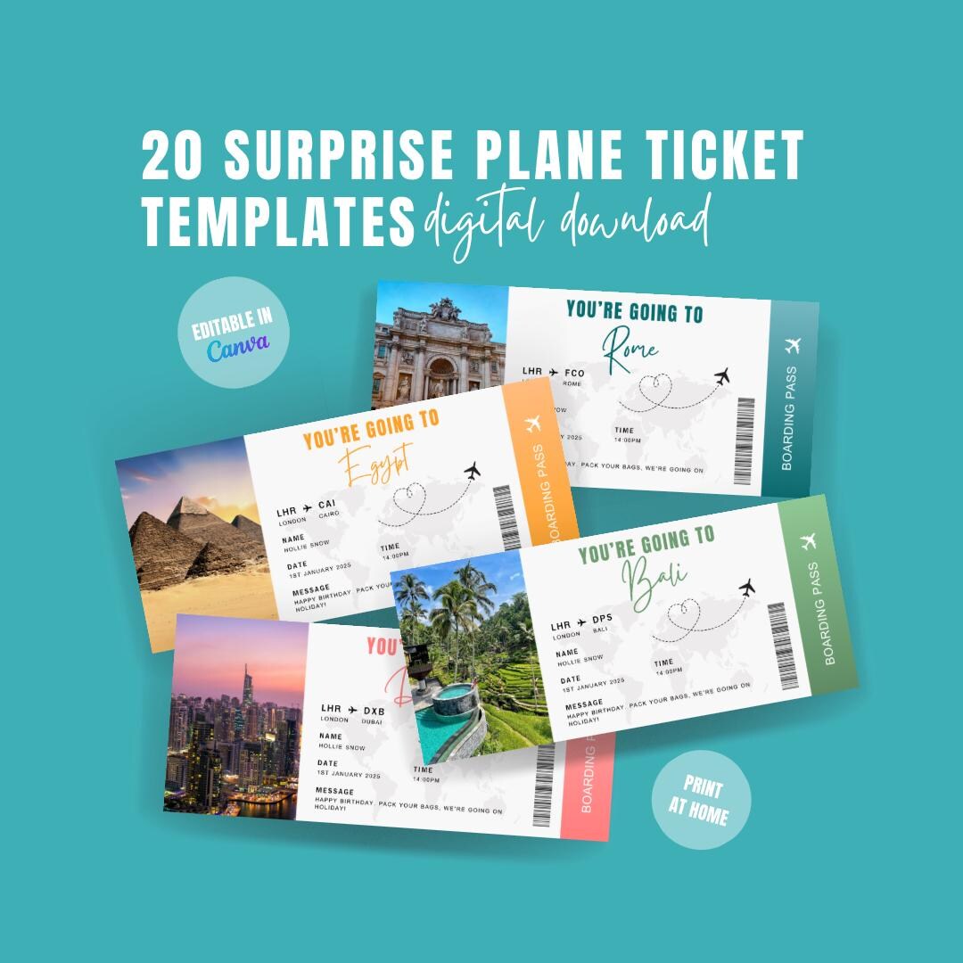 20 Surprise Destination Plane Ticket Templates - Customisable via Canva ...