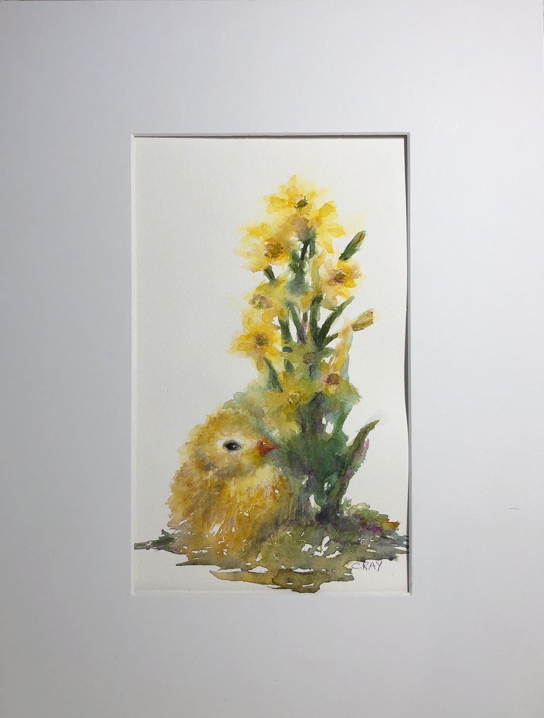 Spring Easter Chick With Daffodils Original Hand Painted Watercolor - Etsy