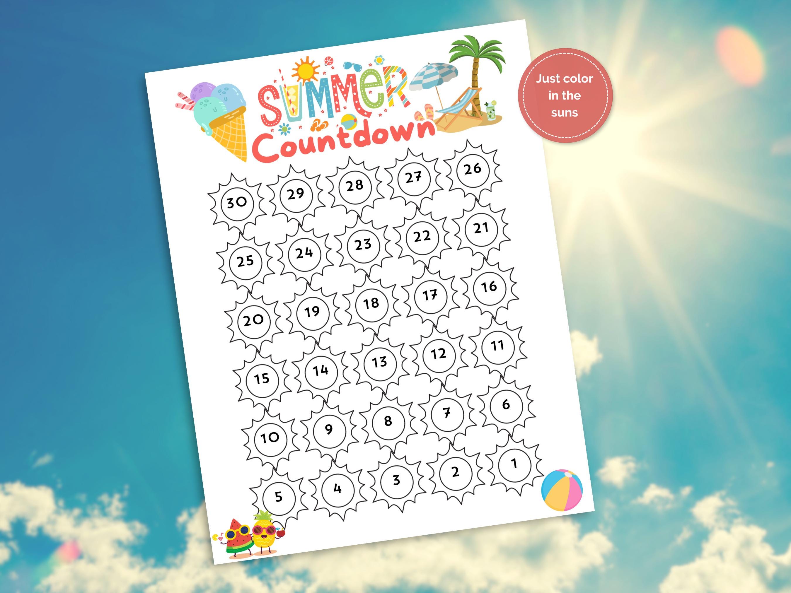 Summer Vacation Countdown Calendar: Kids Coloring Activity (printable ...