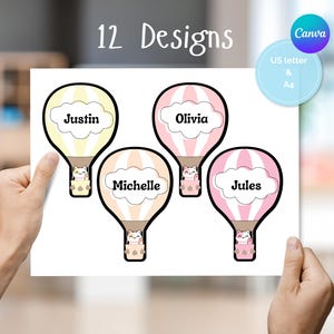 Pastel Hot Air Balloon Name Tags: Waving Cat Classroom Labels (editable ...