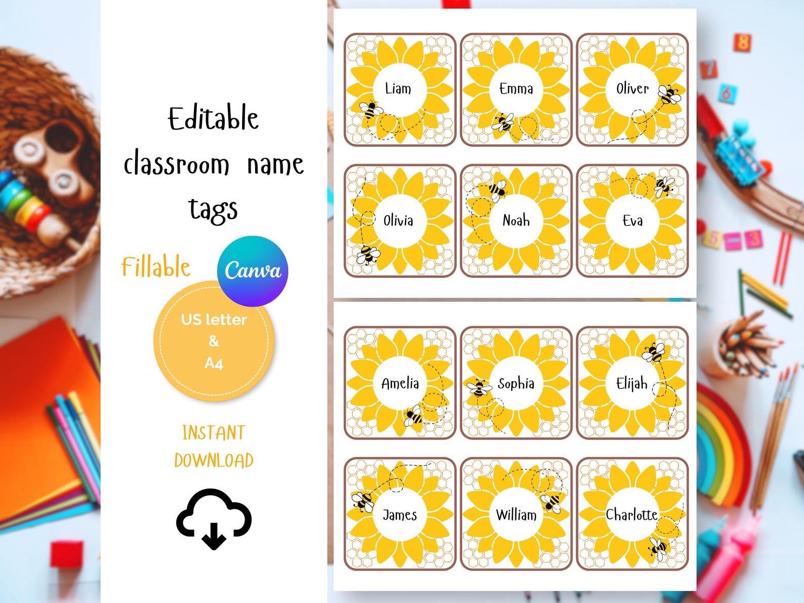 Sunflower Bee Classroom Labels: Editable Cubby Name Tags (PDF ...