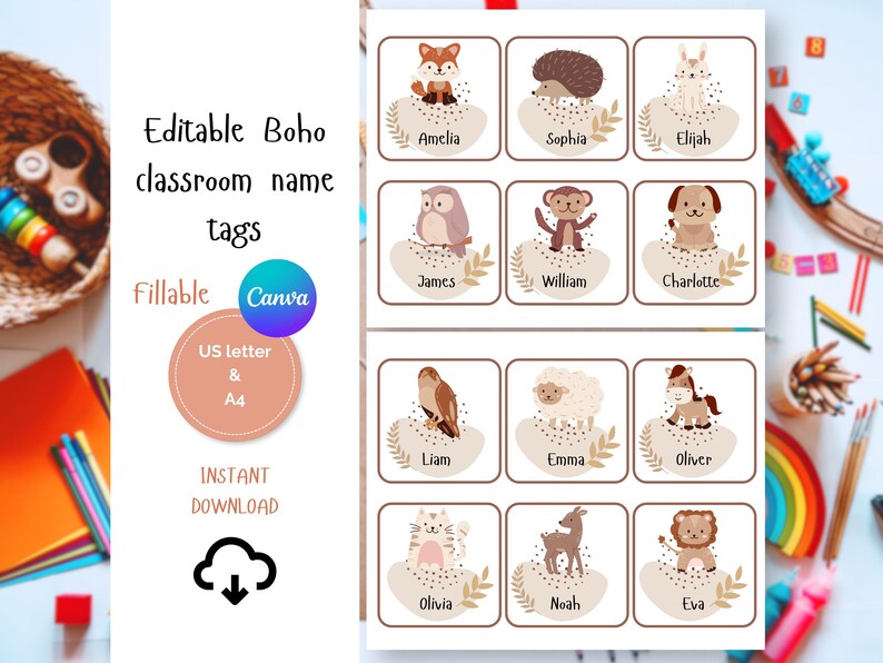 Boho Animal Name Tags: Editable Classroom Cubby Labels (PDF ...