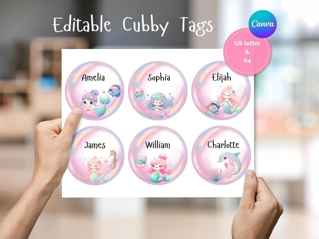 Customizable Mermaid Name Tags, Name Tag Template, Cubby Name Tags ...