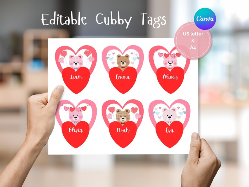Valentine Bear Name Tags: Classroom Valentine Cubby Labels, Editable ...