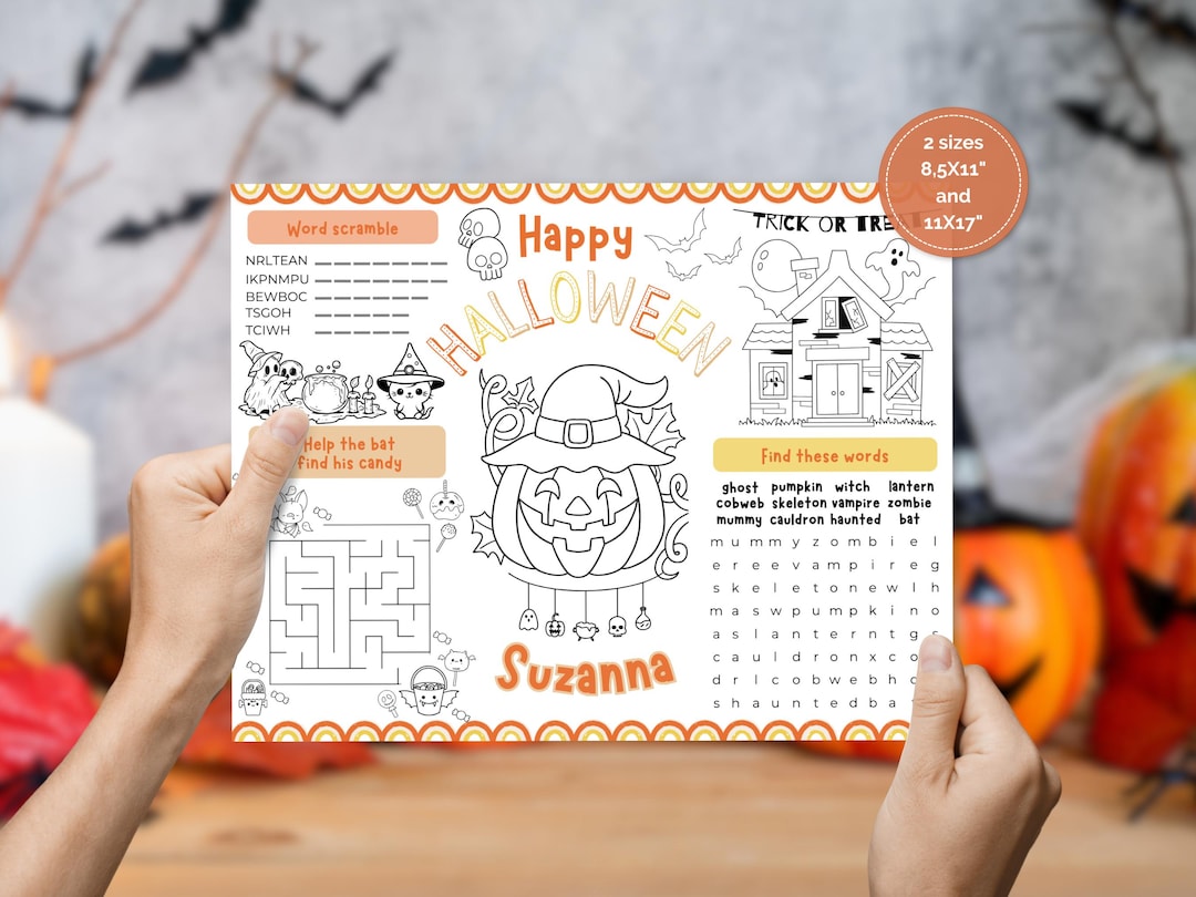 Halloween Coloring Placemat | Halloween Kids Activity Sheet | Editable ...