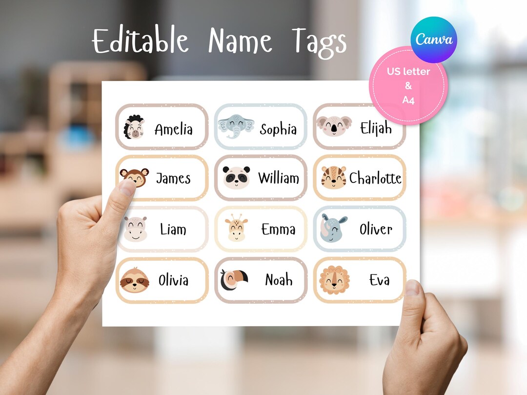 Customizable Safari Name Tags, Animal Name Tag Sticker Template ...