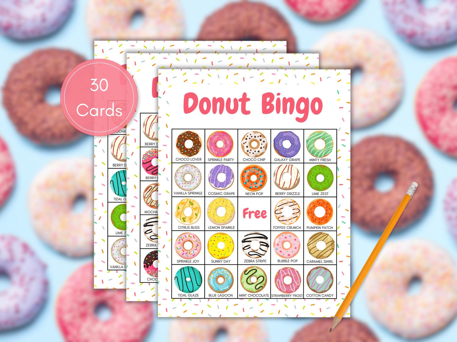 Donut Bingo, 30 Doughnut Bingo Cards, Kid's Printable Bingo, Birthday ...