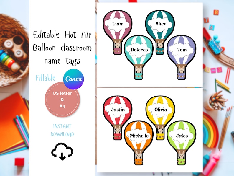 Rainbow Hot Air Balloon Name Tags, Editable Classroom Labels (PDF) - Etsy
