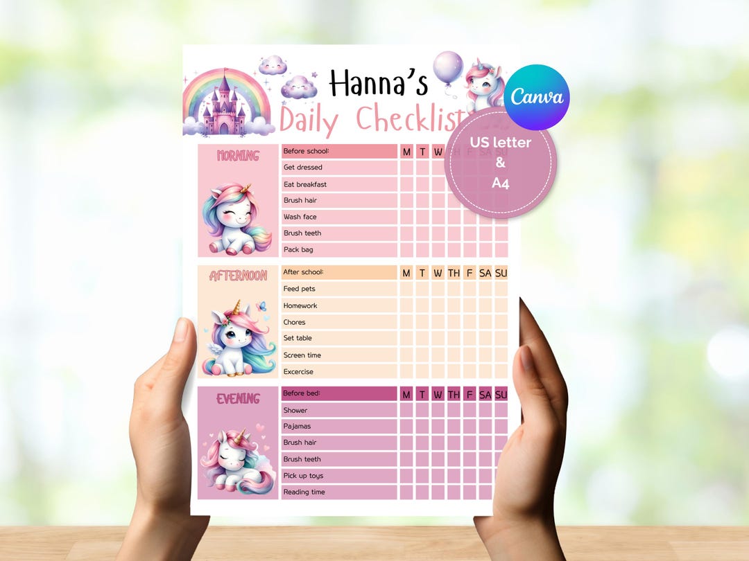 Unicorn Kids Daily Responsibility Chart, Daily Task List, Editable ...