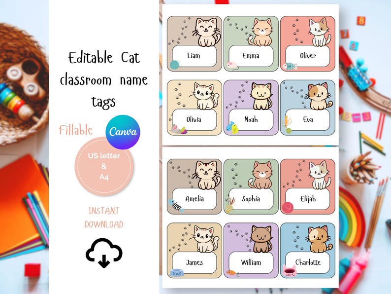 Editable Cat Classroom Name Tags: Printable Cubby Labels (PDF Download ...