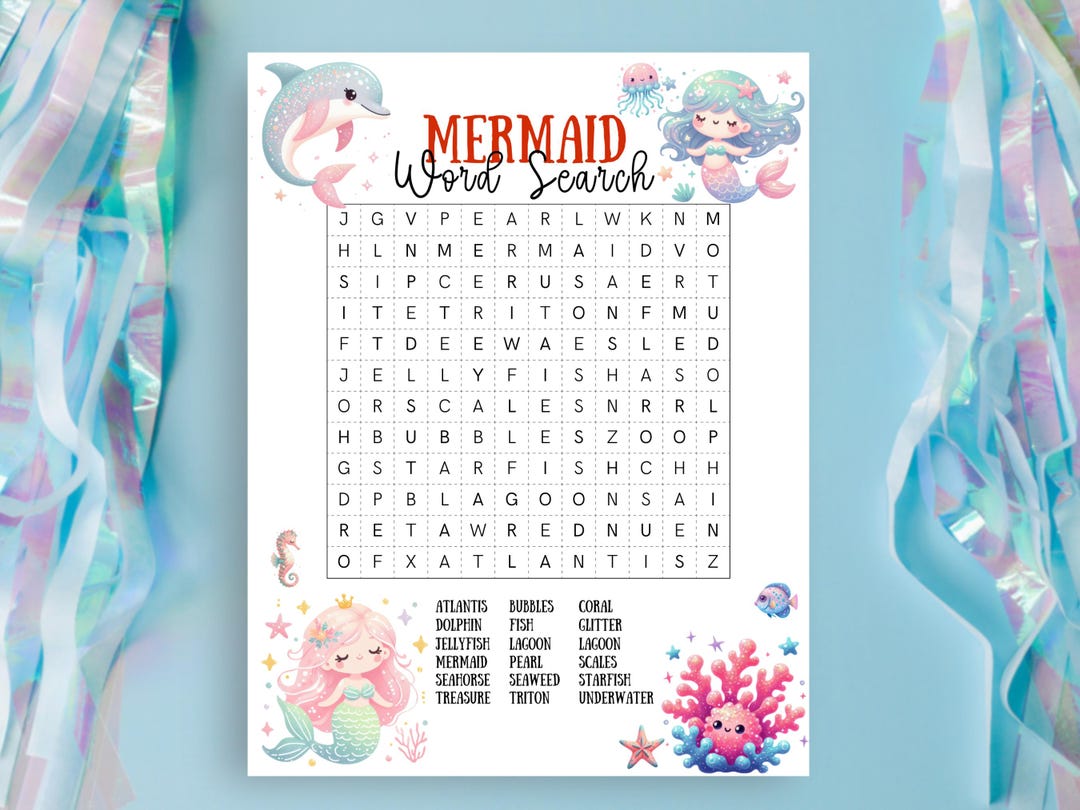 Mermaid Word Search for Kids, Mermaid Birthday Printable, Mermaid ...