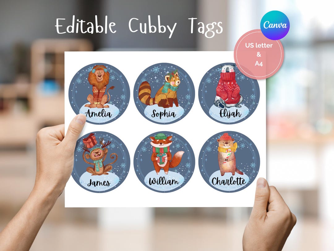 Customizable Winter Animal Name Tags, Winter Cubby Name Tags, Editable ...