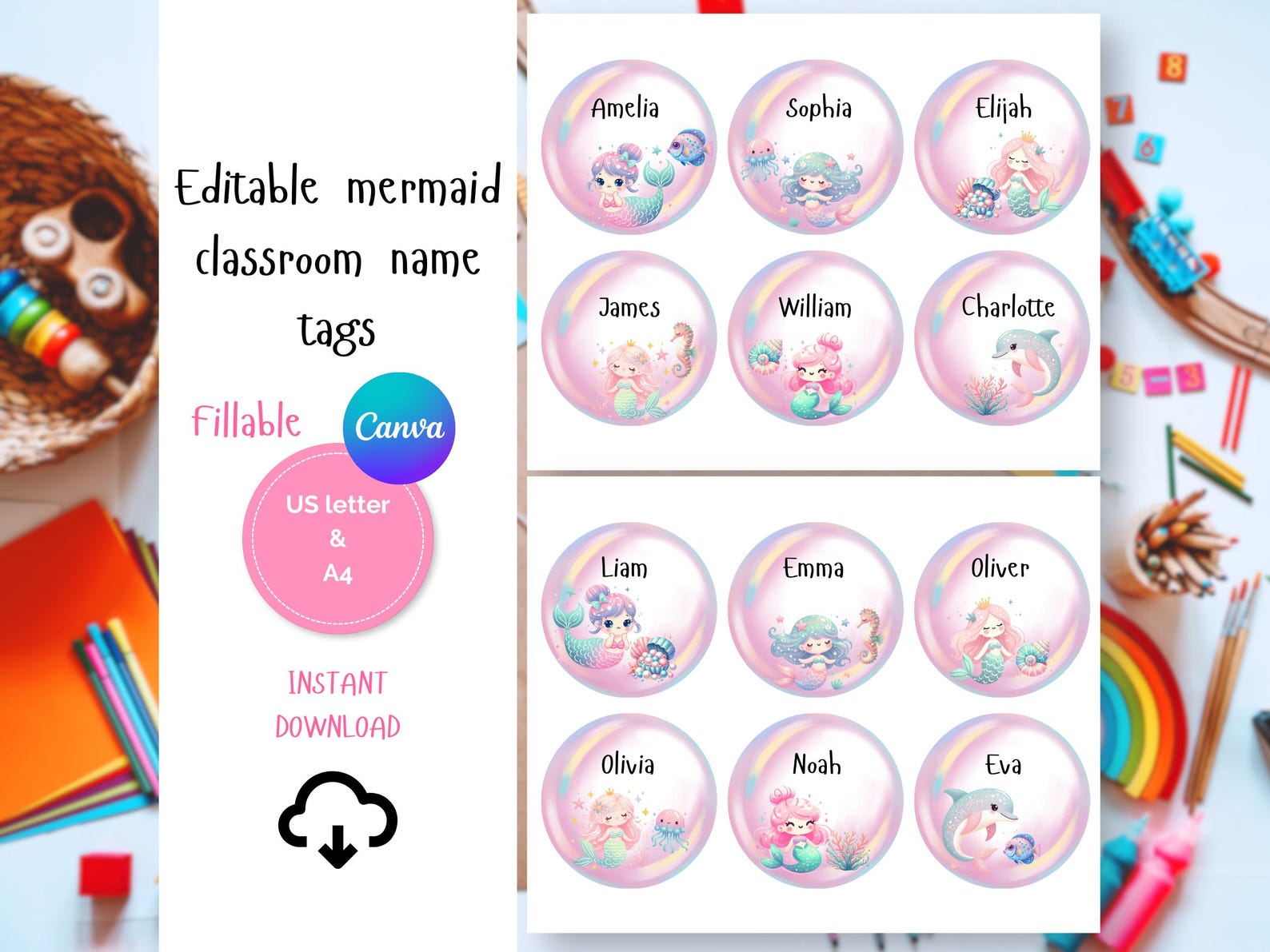 Mermaid Name Tags: Editable Classroom Labels (PDF) - Etsy