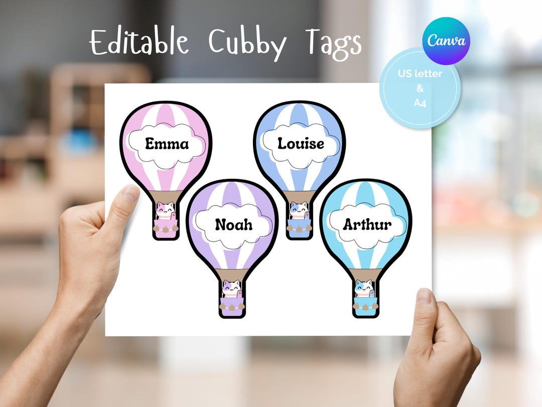 Pastel Hot Air Balloon Name Tags: Waving Cat Classroom Labels (editable ...