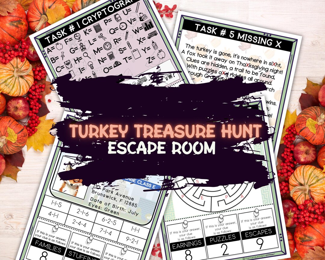 Thanksgiving Escape Room for Kids, Turkey Treasure Hunt, Printable ...