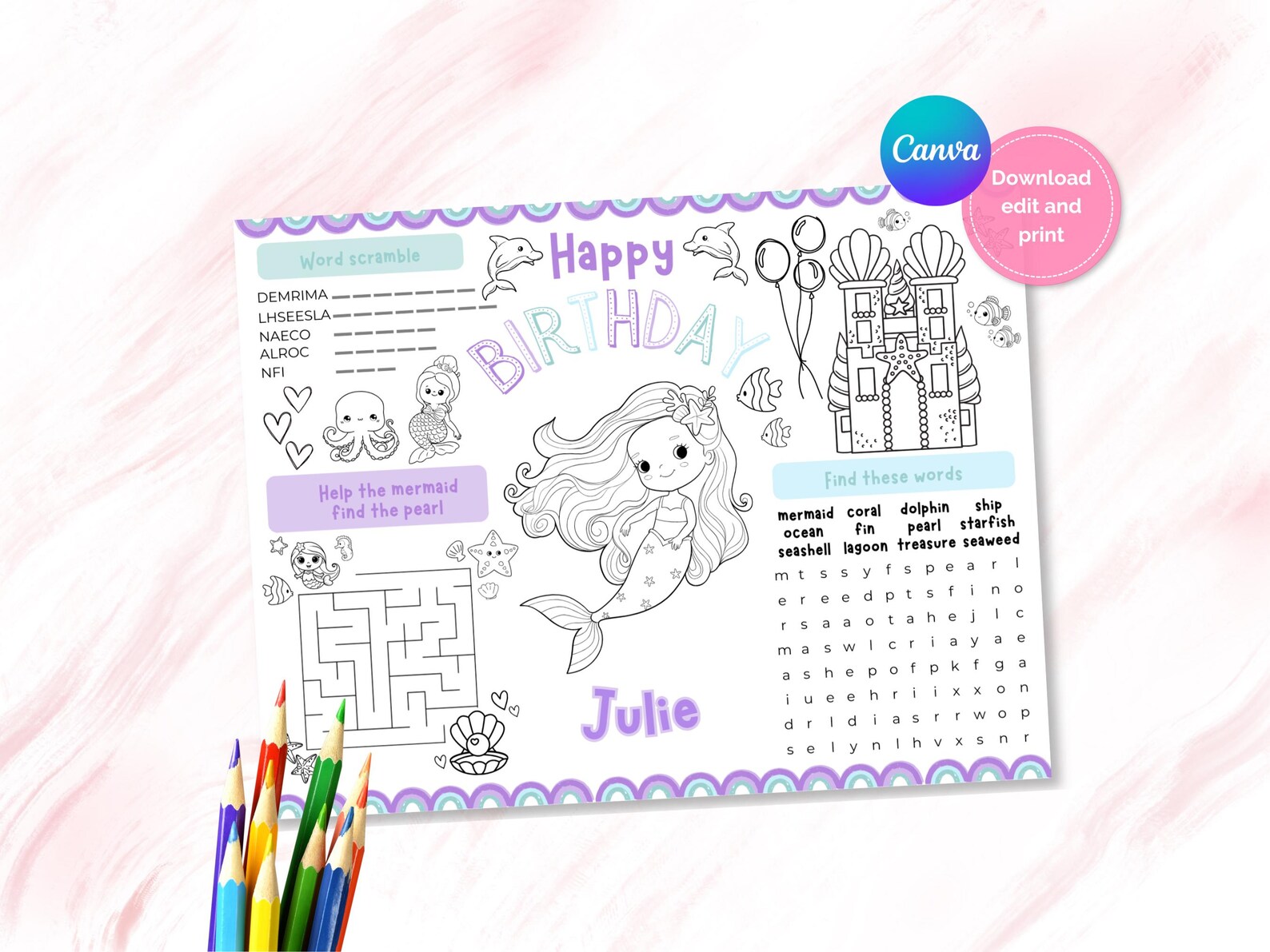 Editable Mermaid Birthday Placemat: Coloring Page & Games (PDF) - Etsy