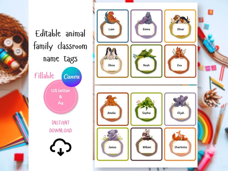 Editable Animal Name Tags, Name Tag Template, Cubby Name Tags ...