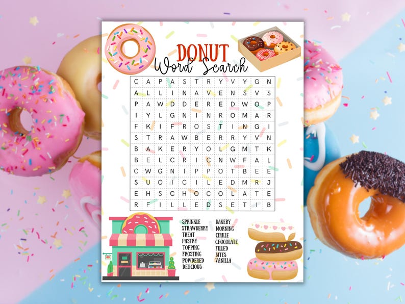 Donut Word Search Puzzle: Kids Donut Day Game (printable PDF) - Etsy