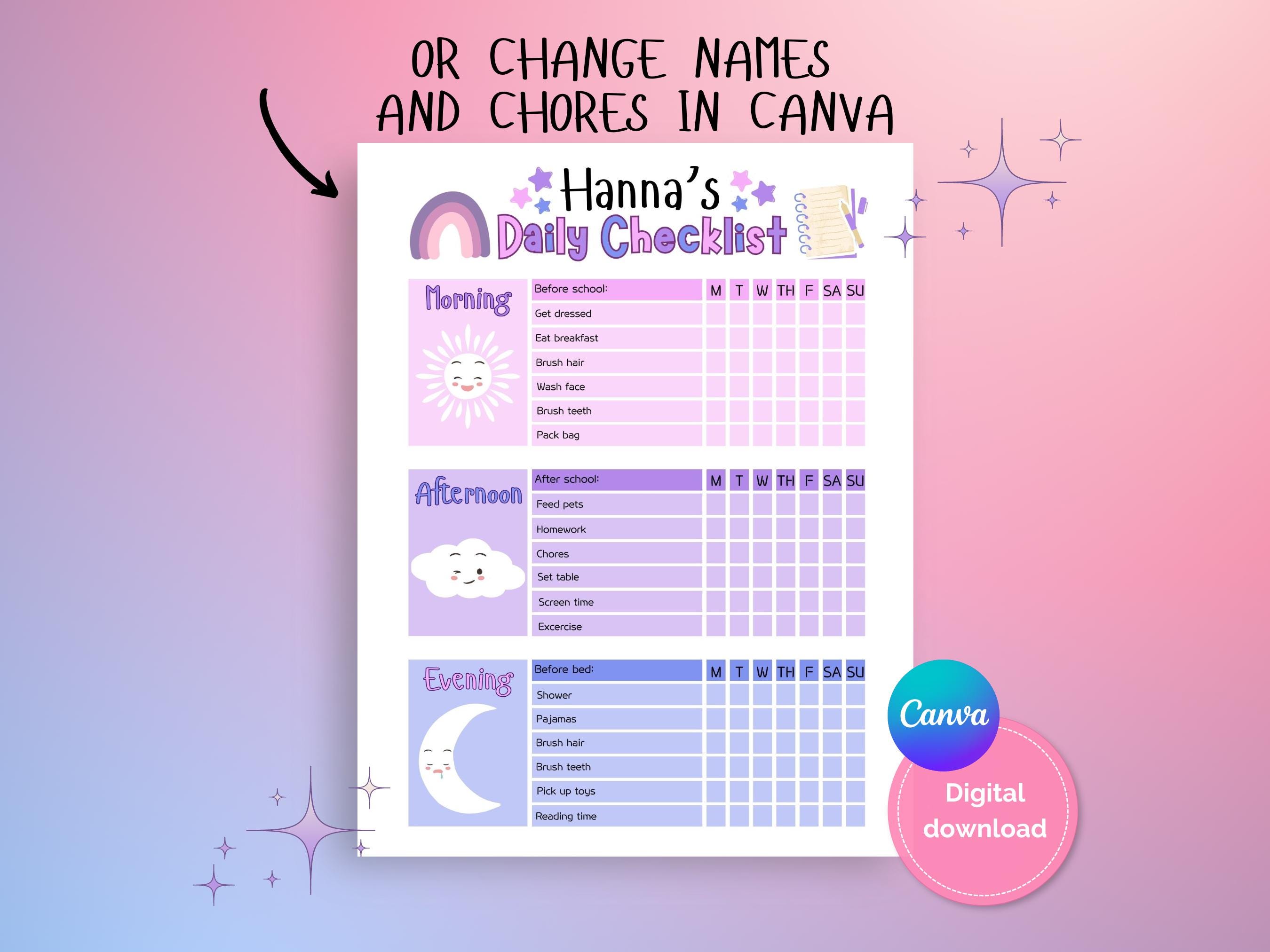 Kids Daily Checklist: Editable Chore Chart, Routine (printable PDF) - Etsy