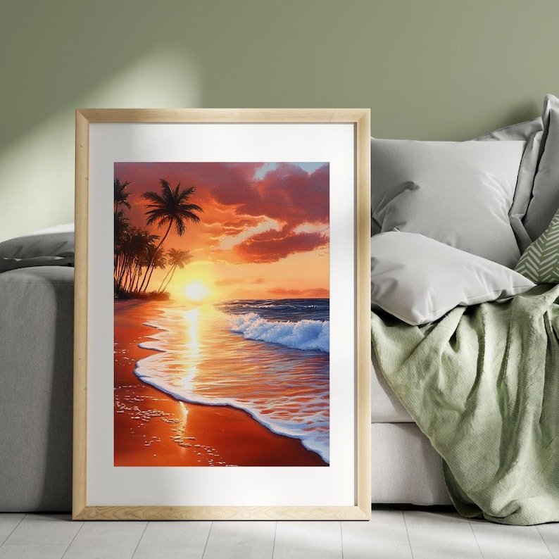 Tropical Beach Sunset Serene Beach Scene Art Print, Vibrant Sunset With ...