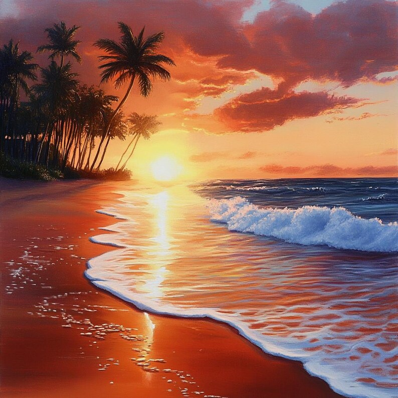 Tropical Beach Sunset Serene Beach Scene Art Print, Vibrant Sunset With ...