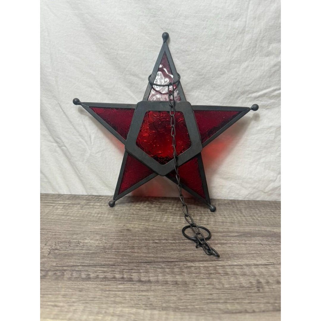 10" Red Star Hanging Tea Light Holder Plastic Textured Panels Black ...