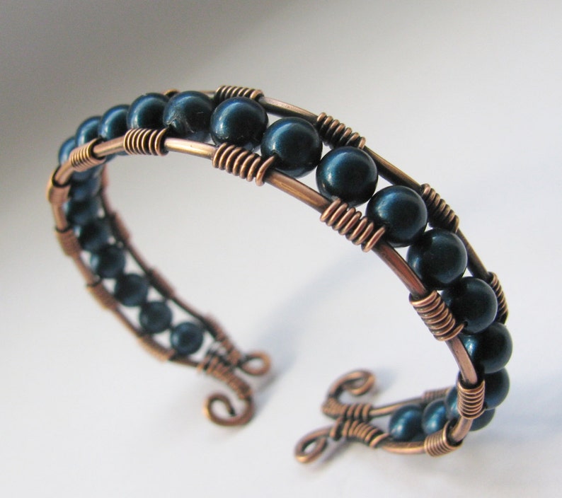 Copper Wire Wrapped Cuff Bracelet With Petrol Blue Swarovski - Etsy