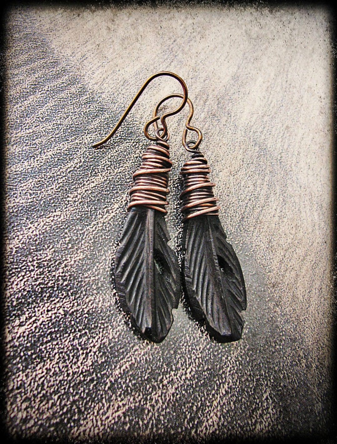 Dainty Wire Wrapped Copper and Black Carved Bone Feather - Etsy
