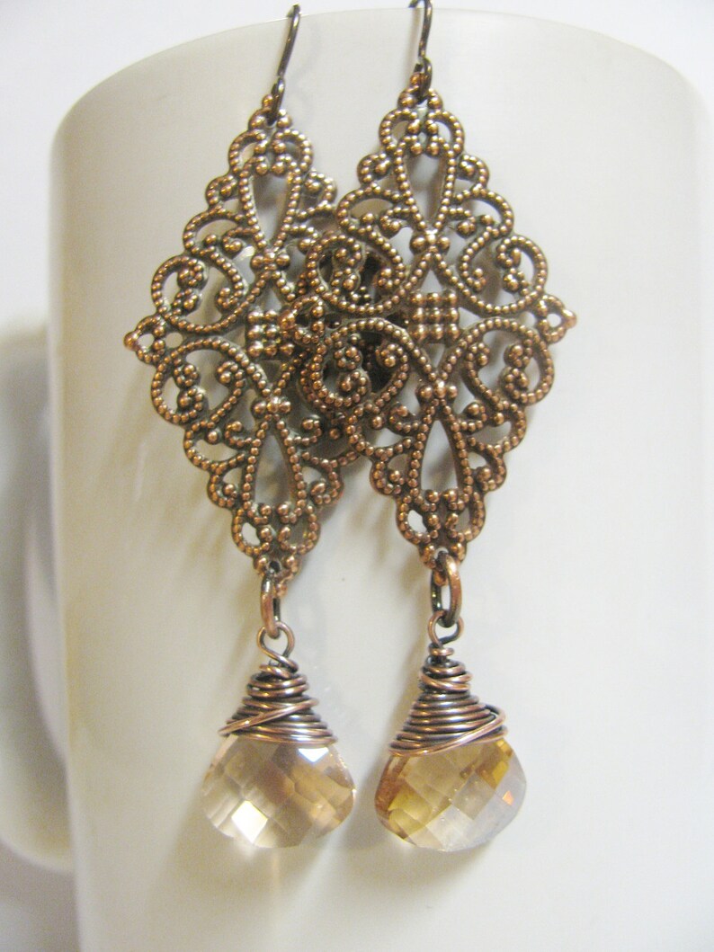Large Antique Copper Filigree Earrings With Wire Wrapped - Etsy