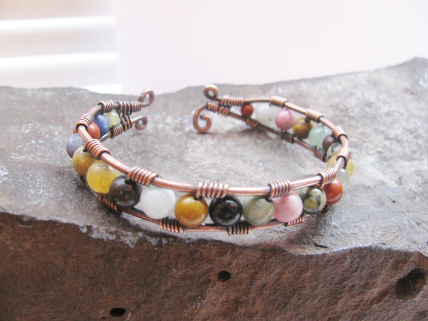 Copper Wire Wrapped Cuff Bracelet With Mixed Gemstone | Etsy
