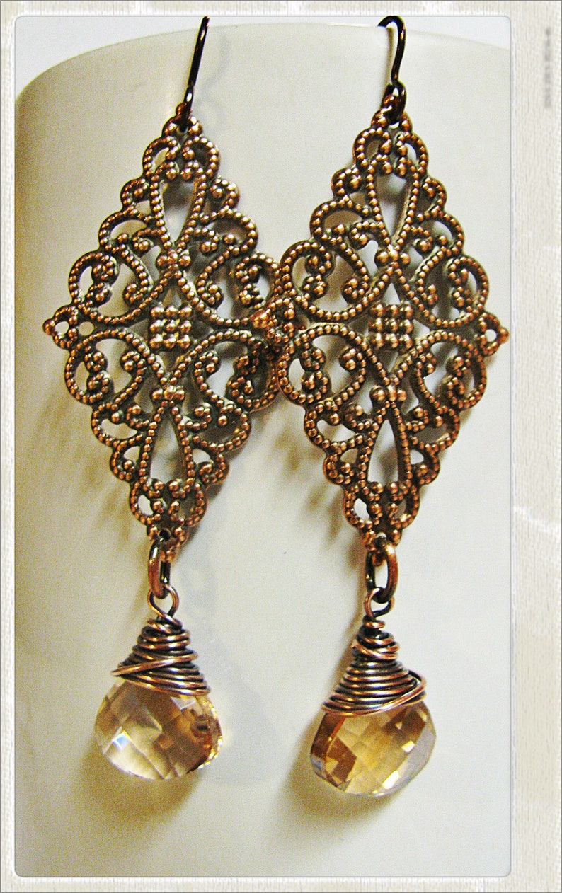 Large Antique Copper Filigree Earrings With Wire Wrapped - Etsy