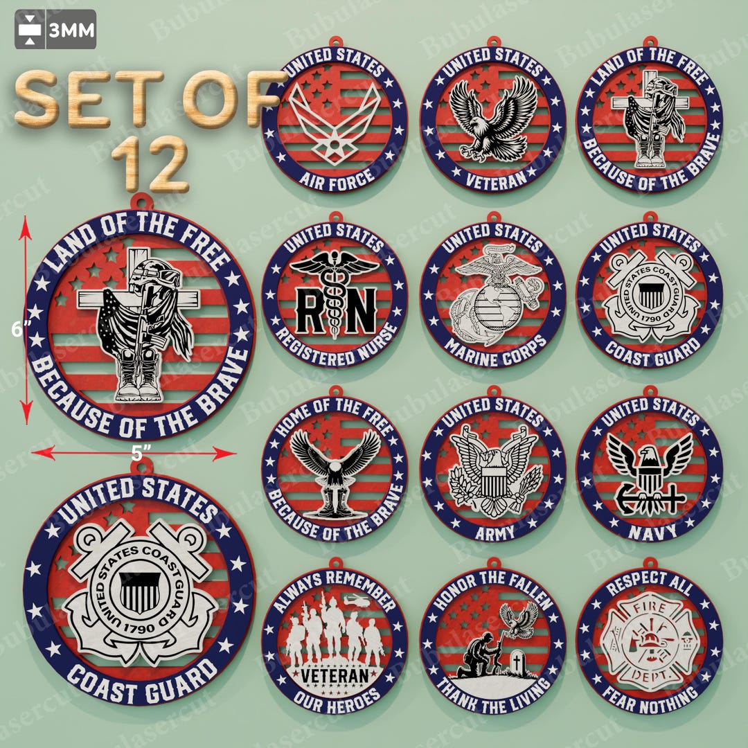 Military Ornament Set of 12, Patriotic Veterans Design, Army Navy Air ...