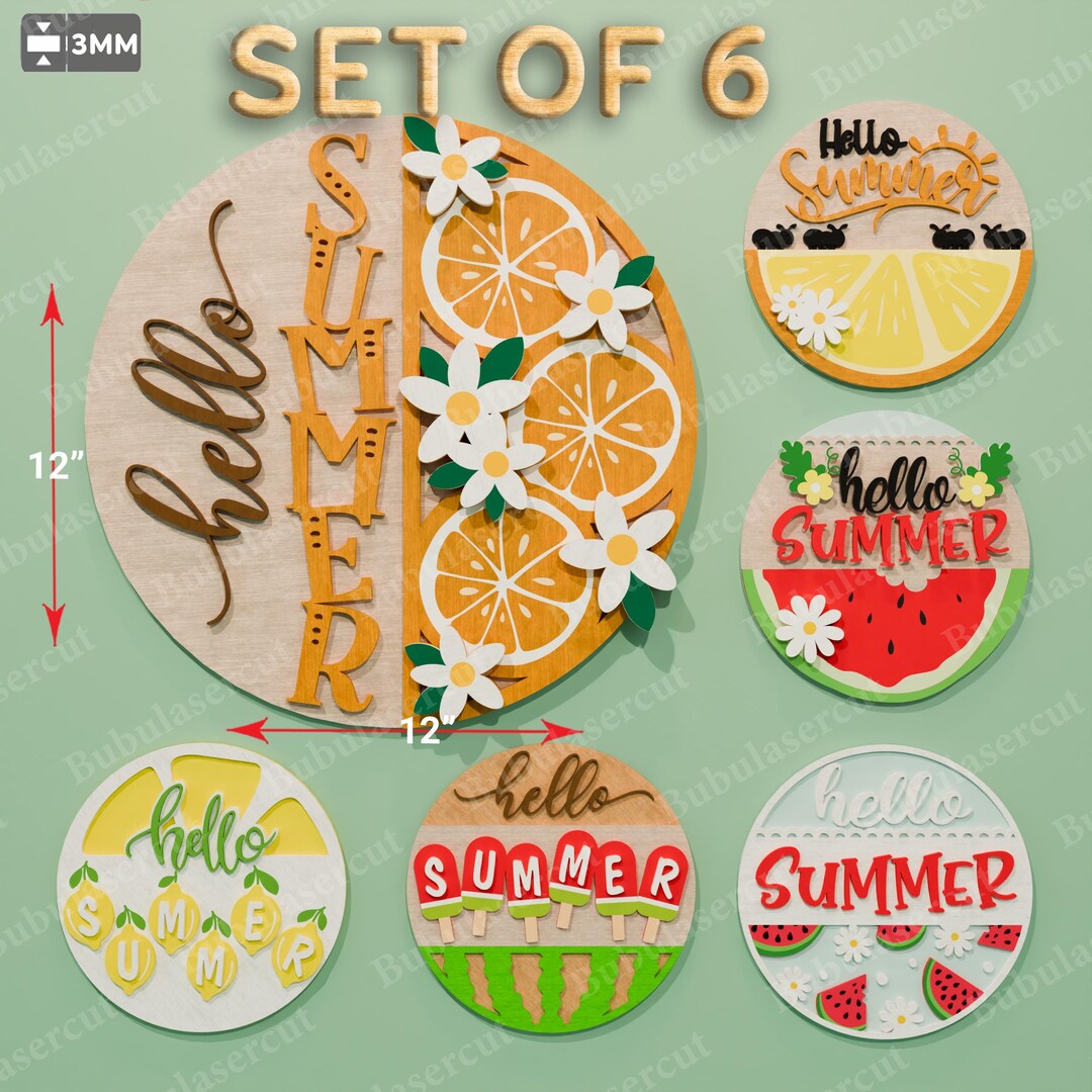 Hello Summer Round Sign SVG Bundle, 6 Fruit Door Hanger Designs ...